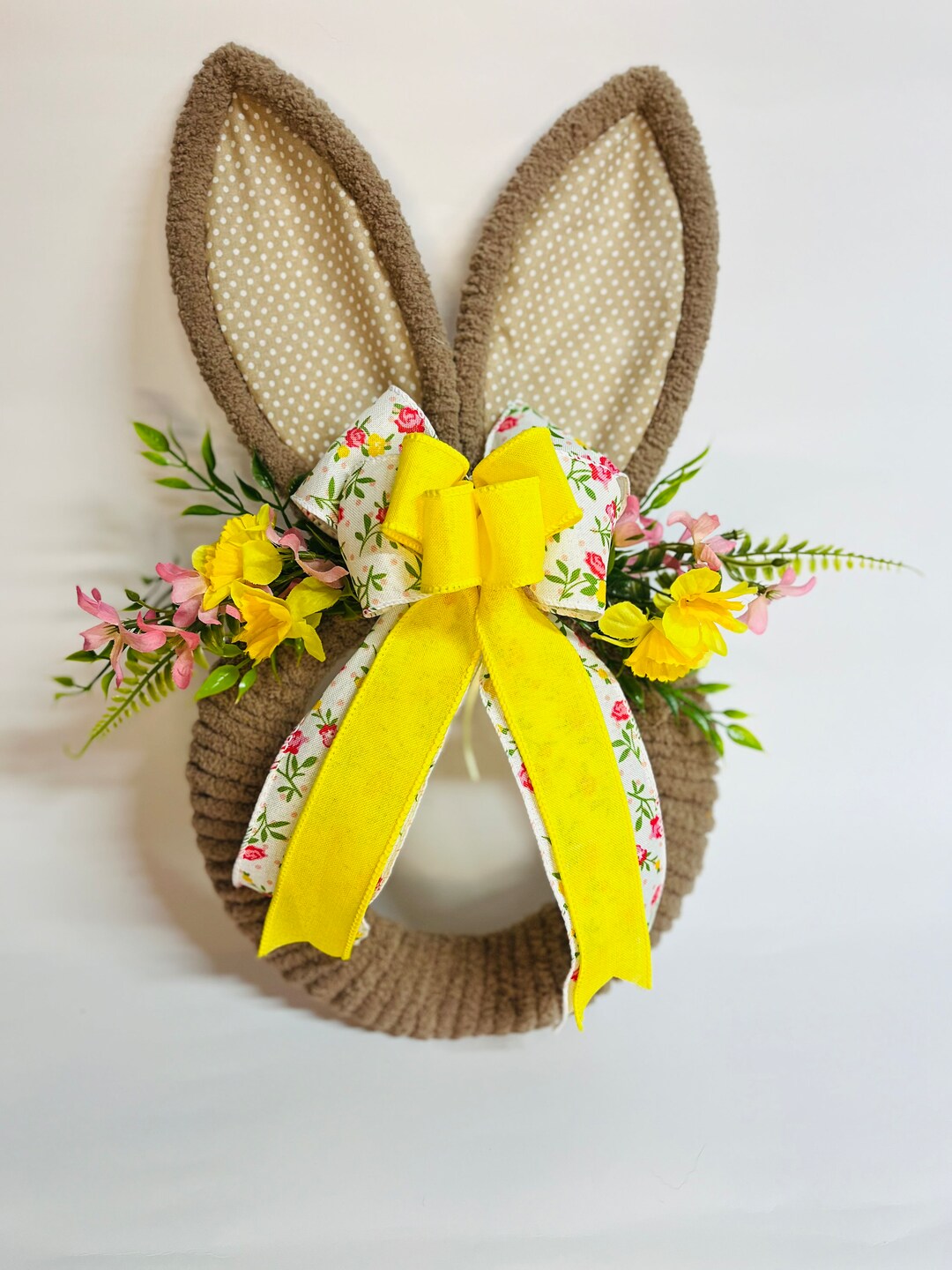 Neutral Bunny Ear Wreath With Yellow Floral Bow – Brown Yarn Spring ...