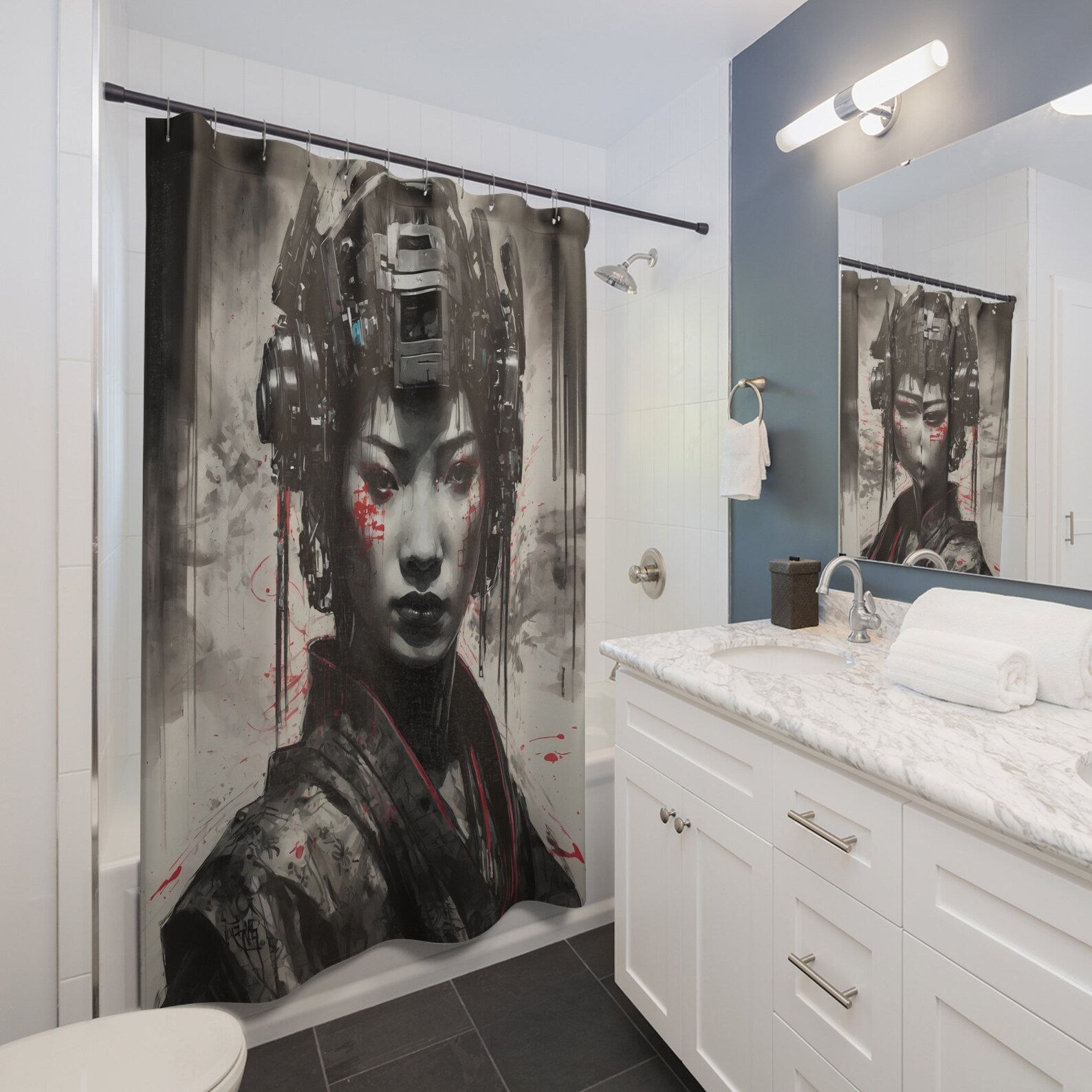 Cyberpunk Woman Samurai Shower Curtain – Futuristic Japanese Art for ...