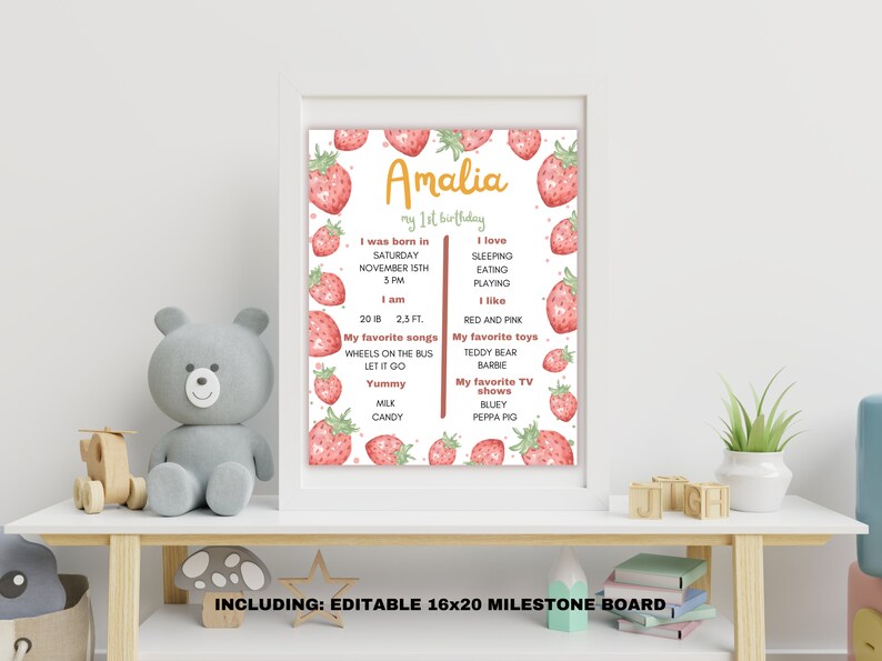 Editable Berry Birthday Milestone Board Strawberry Milestone Poster ...