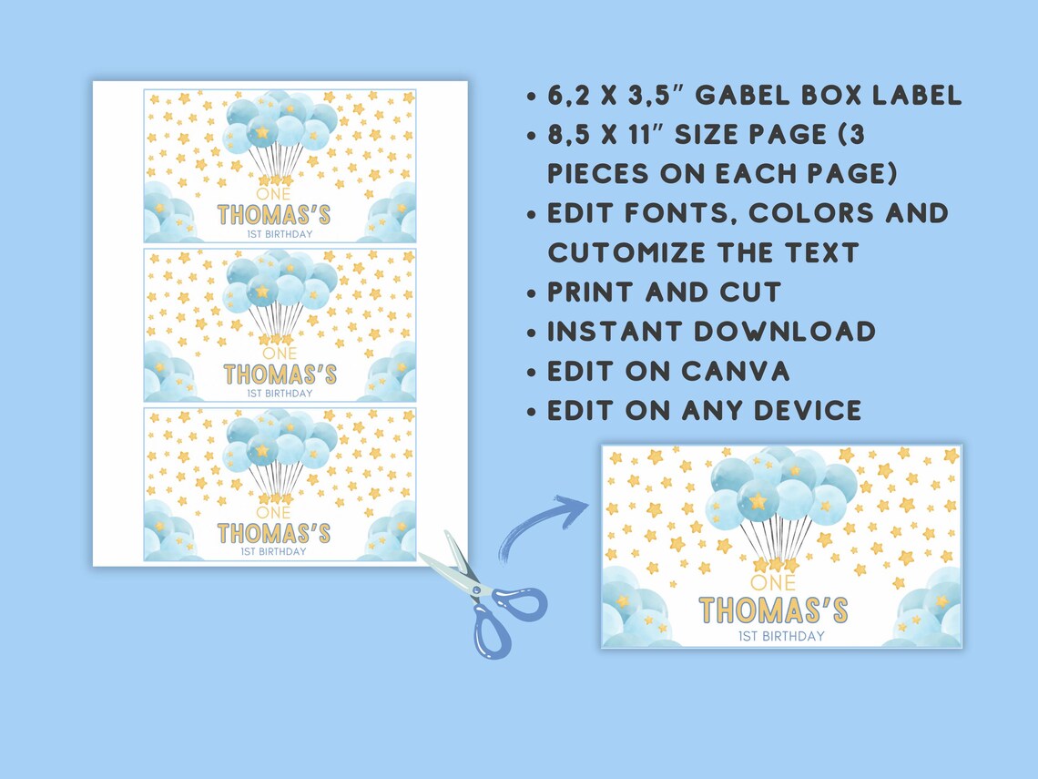 Blue Balloon Birthday Gable Box Label: Editable Canva Template (instant ...