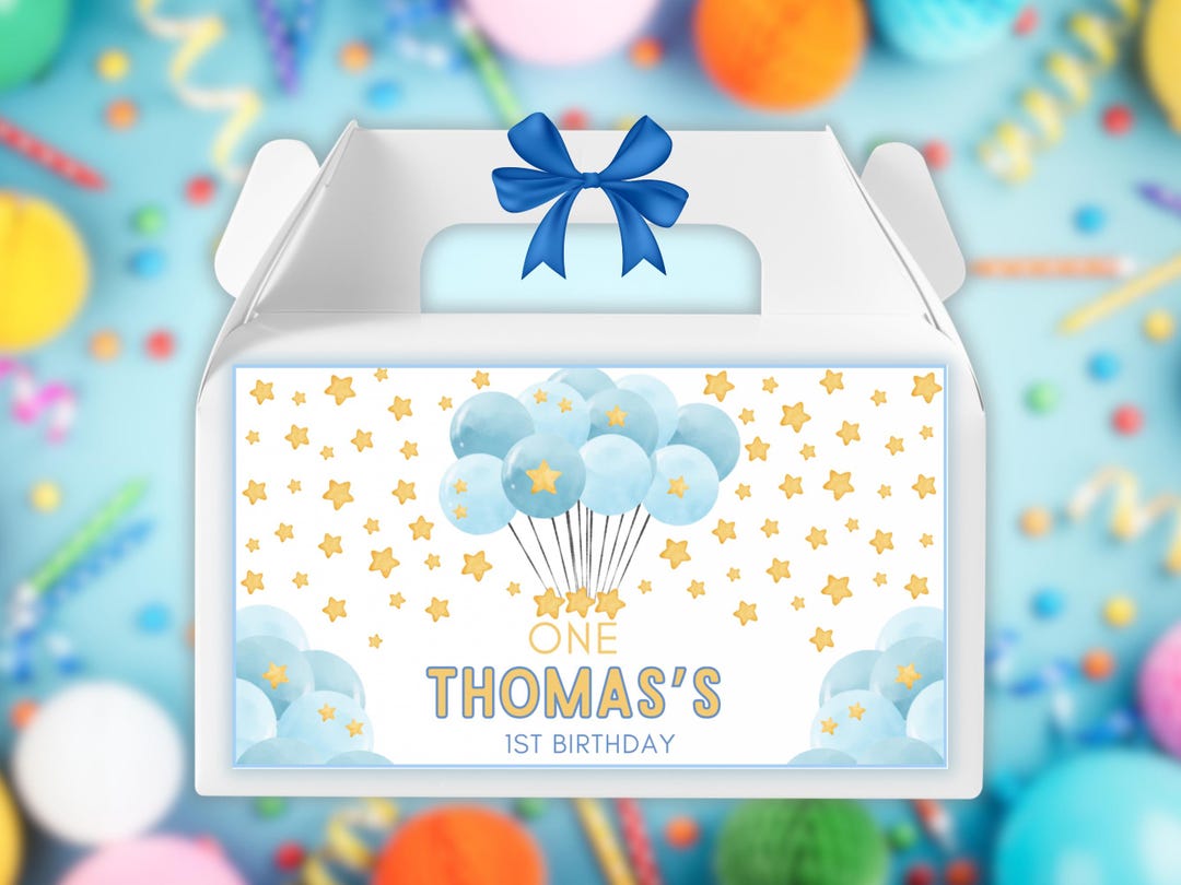 Blue Balloon Gable Box Label, Editable Balloons Treat Box, Blue Balloon ...