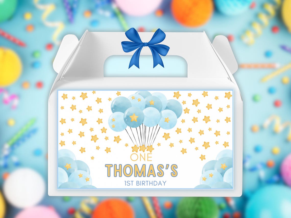 Blue Balloon Birthday Gable Box Label: Editable Canva Template (instant ...