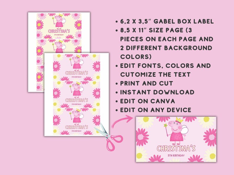 Editable Pink Pig Gable Box, Pink Pig Party Favor Label for Girl, Pink ...
