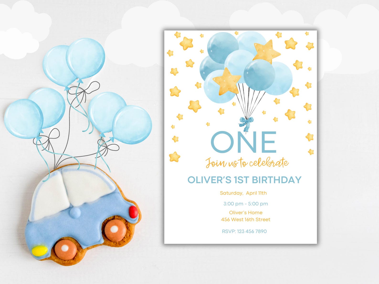Editable Blue Balloon Birthday Bundle, Printable First Party Supplies ...