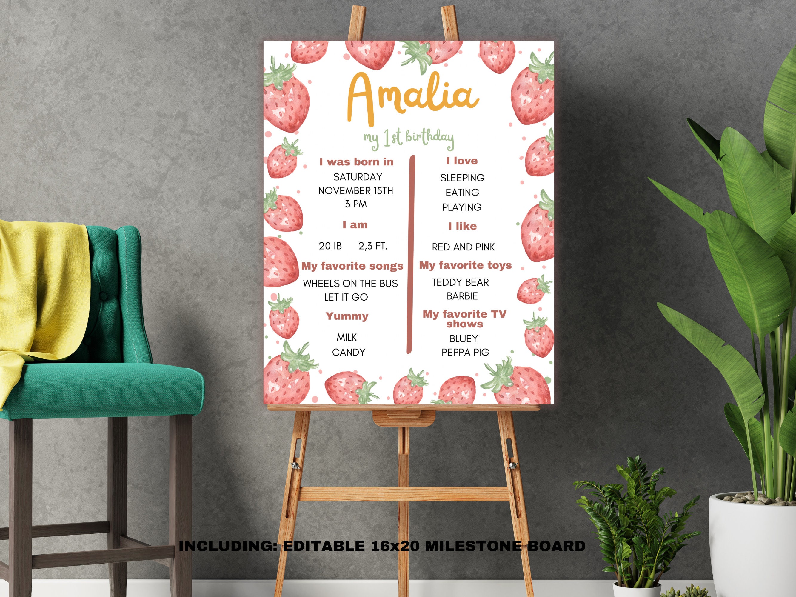 Editable Berry Birthday Milestone Board Strawberry Milestone Poster ...
