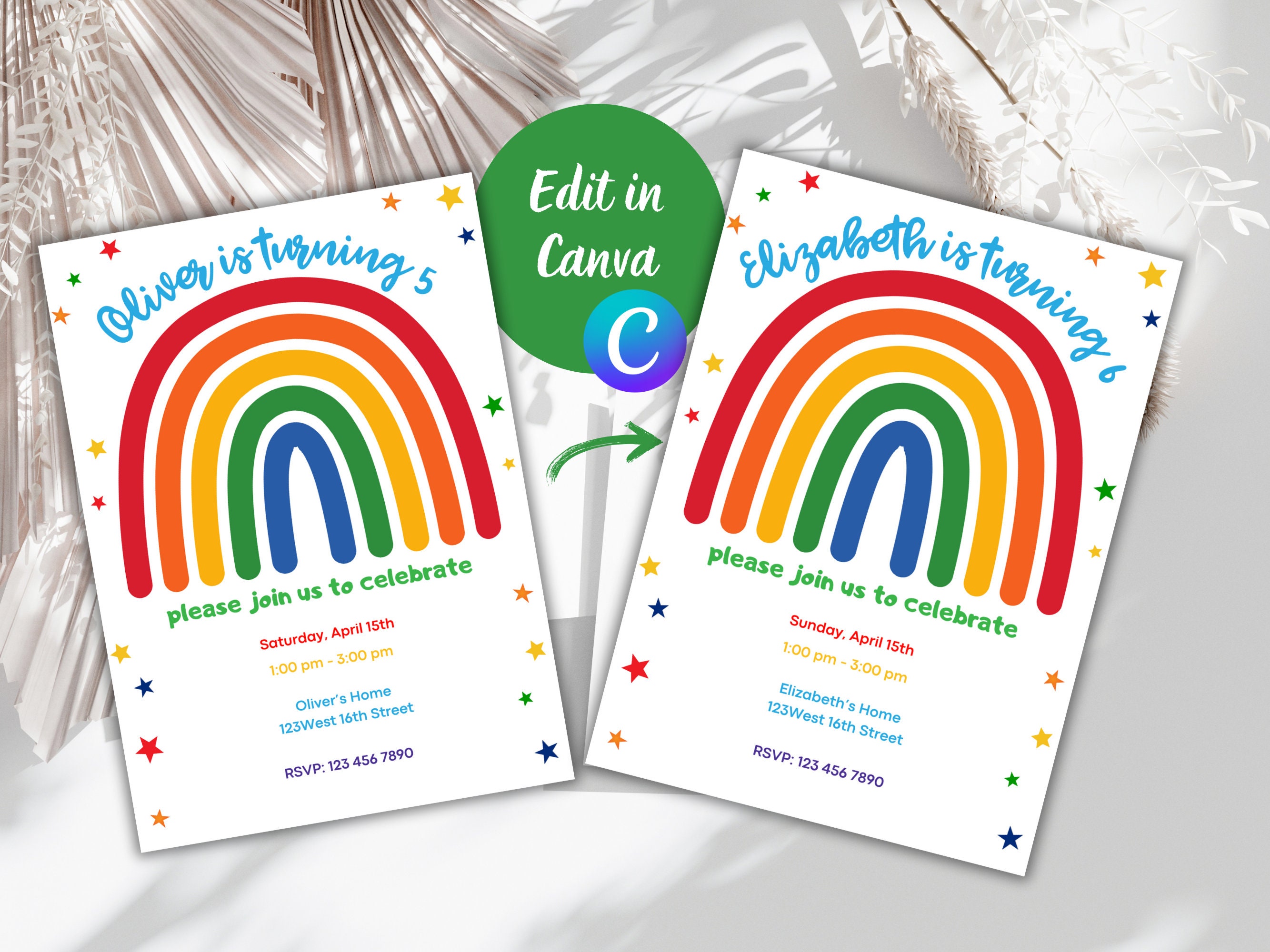 Editable Bright Rainbow Birthday Invitation, Watercolor Rainbow ...