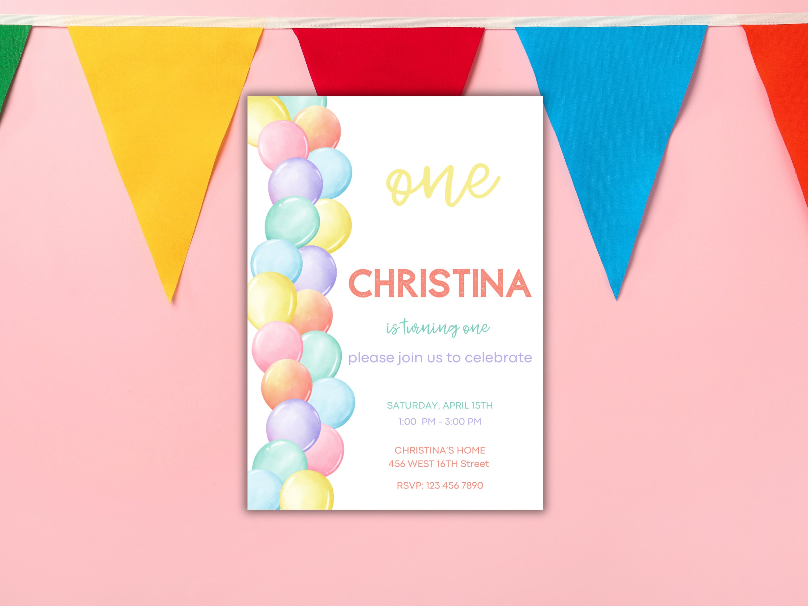 Editable Pastel Rainbow 1st Birthday Invitation, Colorful Pastel ...
