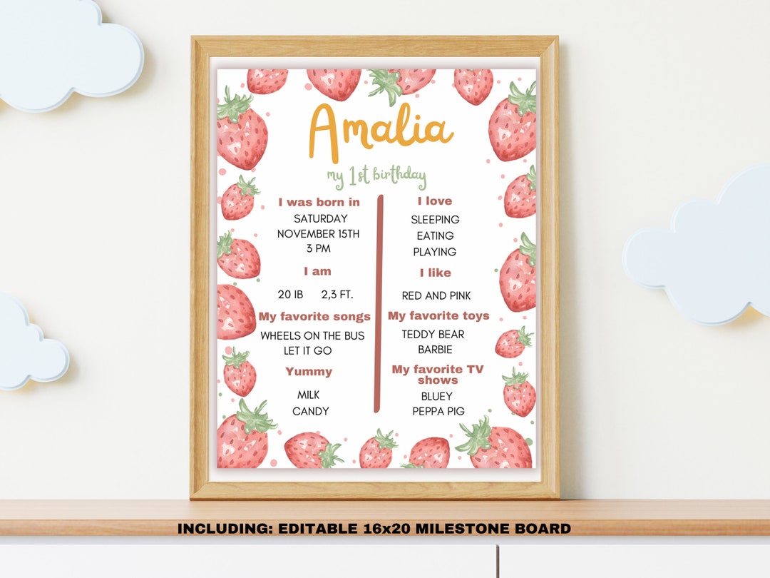 Editable Berry Birthday Milestone Board Strawberry Milestone Poster ...