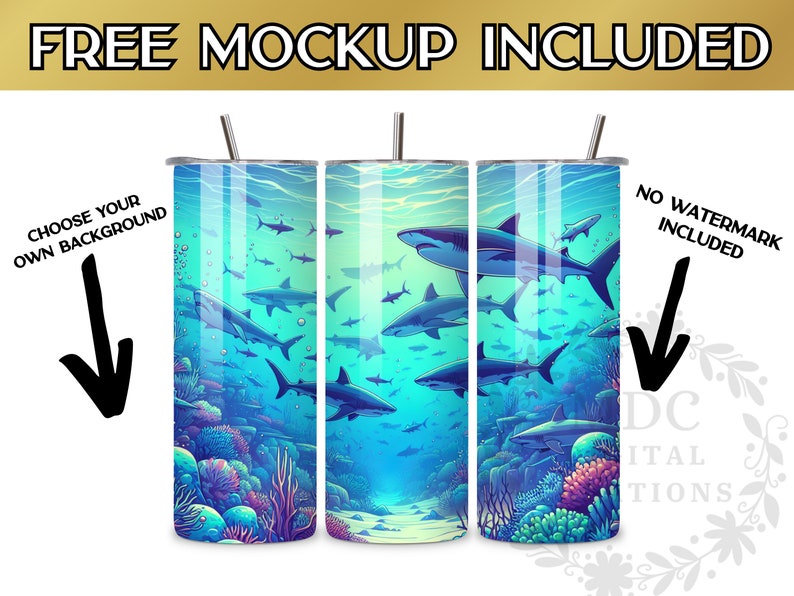 Sublimation Shark Sea Underwater 20 Oz Skinny Tumbler Design ...