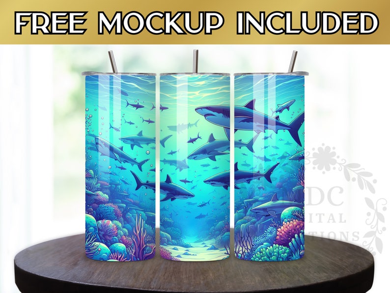 Sublimation Shark Sea Underwater 20 Oz Skinny Tumbler Design ...