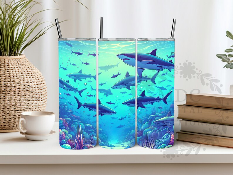 Sublimation Shark Sea Underwater 20 Oz Skinny Tumbler Design ...