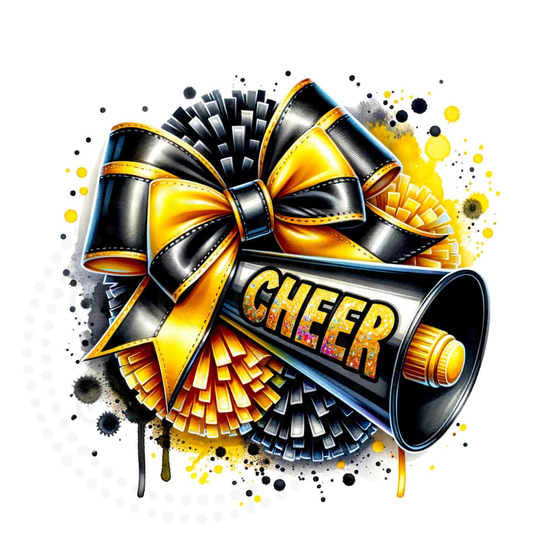Cheer Yellow and Black Bow Watercolor Sublimation Digital Download PNG ...