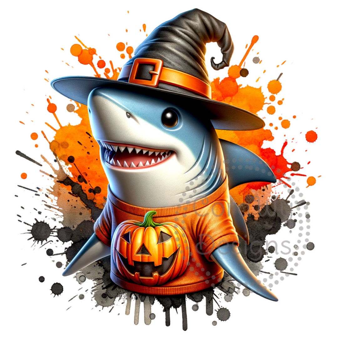 Halloween Shark Pumpkin Watercolor Sublimation Digital Download PNG ...
