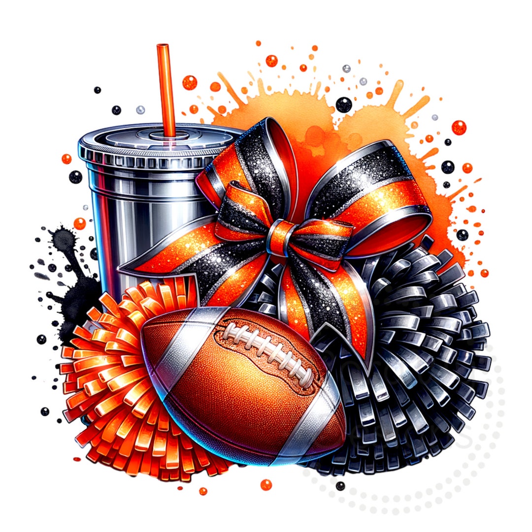 Cheer Orange Black Poms Bow Watercolor Sublimation Digital Download PNG ...