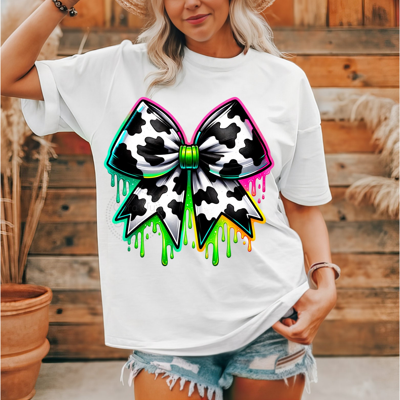 Cow Print Neon Bow Watercolor Sublimation Digital Download PNG Coquette ...