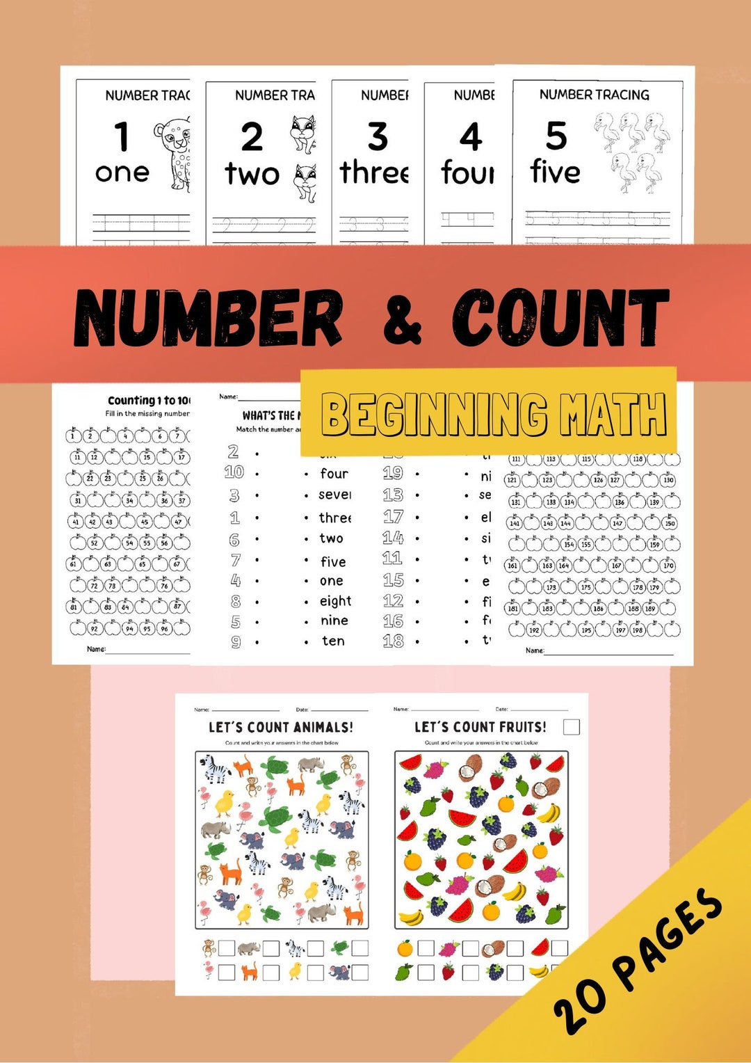Numbers and Count Worksheet for Beginning Math - Etsy
