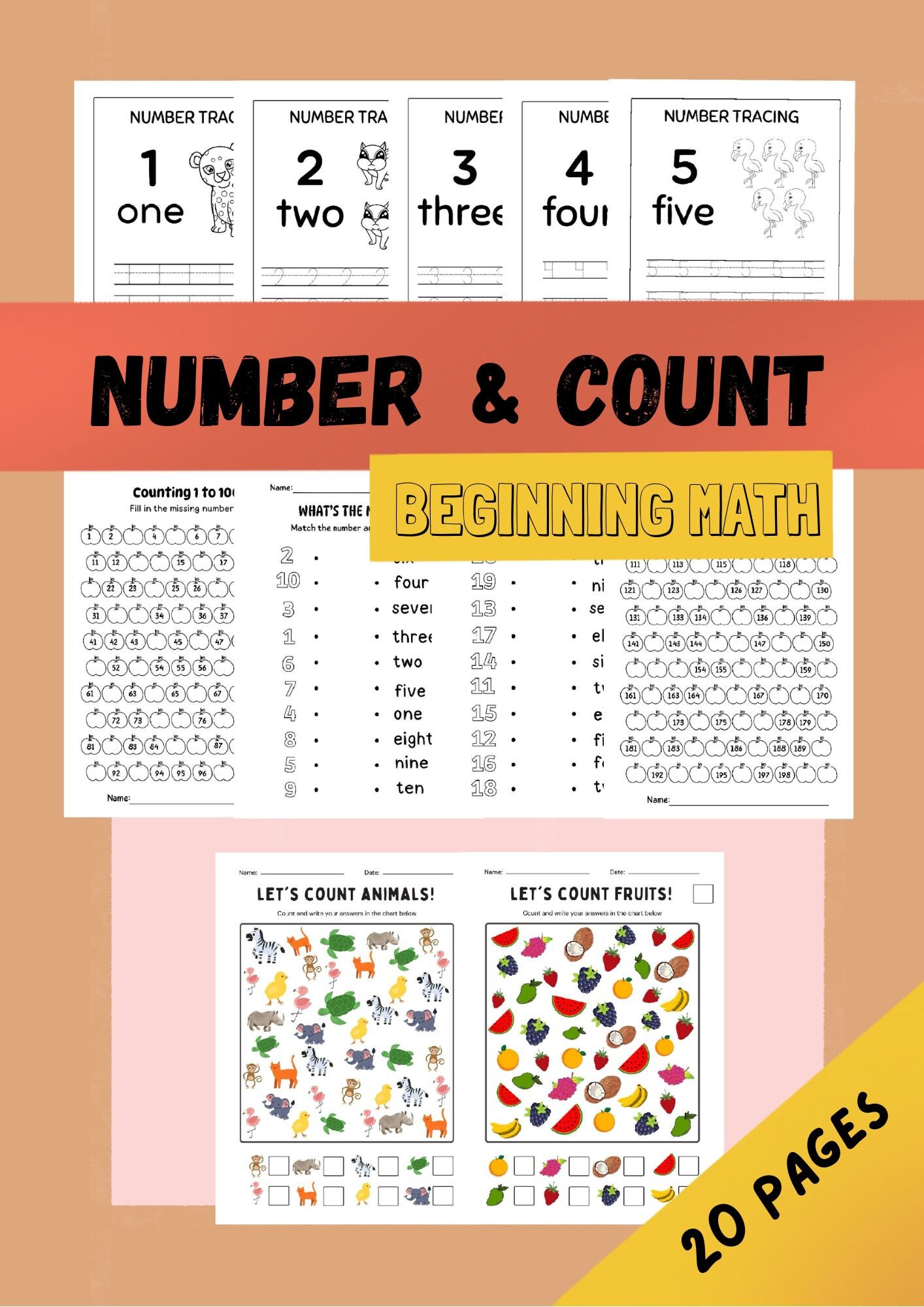 Numbers and Count Worksheet for Beginning Math - Etsy
