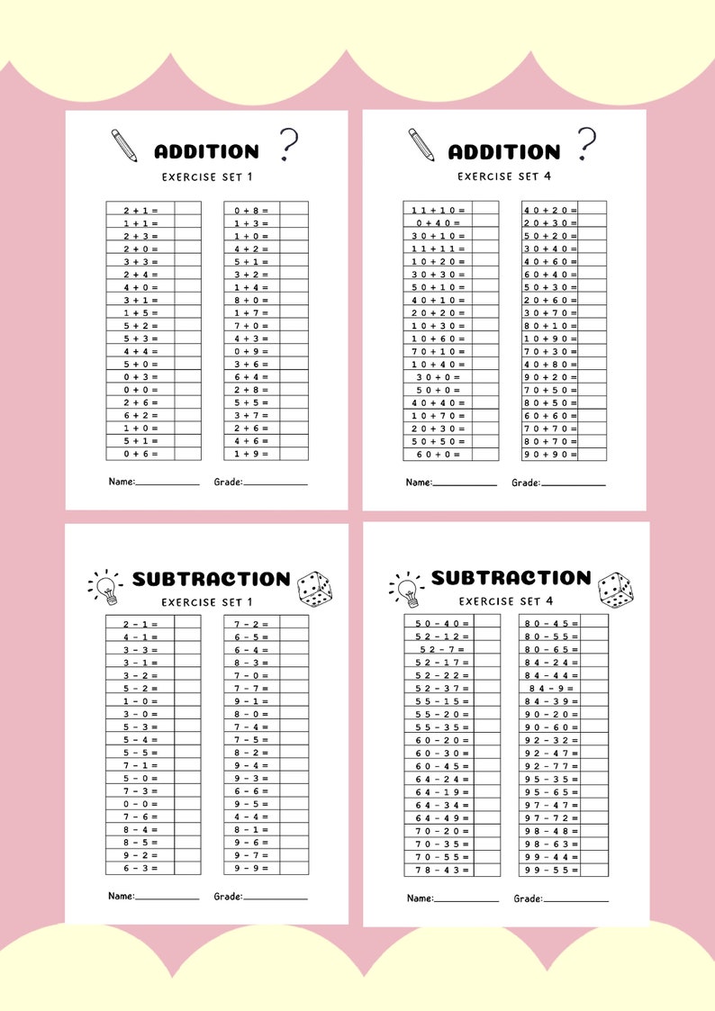 Addition and Subtraction Sheetwork Math 1st,2nd,3rd Grade - Etsy