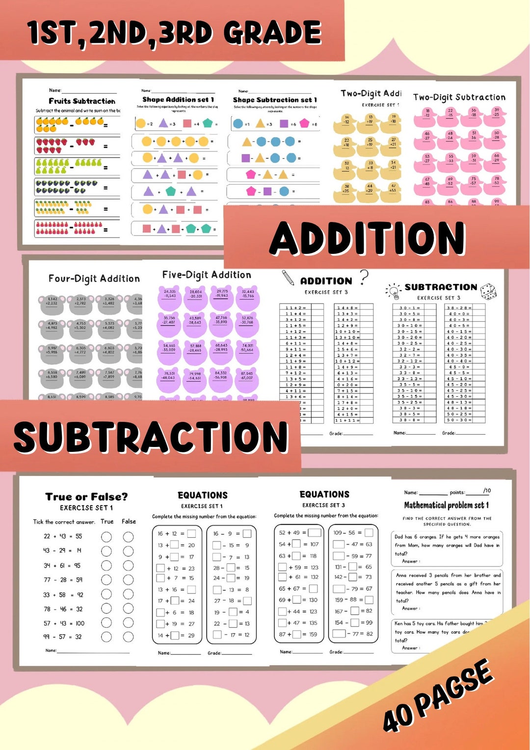 Addition and Subtraction Sheetwork Math 1st,2nd,3rd Grade - Etsy