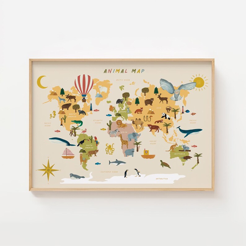Printable Animal World Map Wall Art, Poster With Continents and Oceans ...