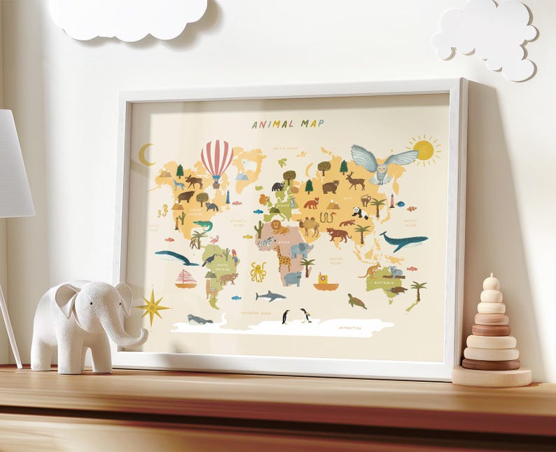 Printable Animal World Map Wall Art, Poster With Continents and Oceans ...