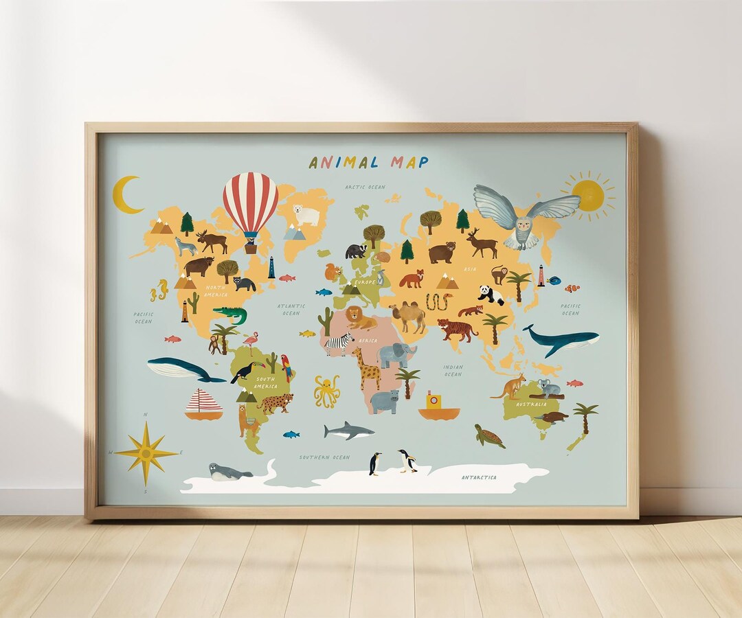 Printable Animal World Map Wall Art, Poster With Continents and Oceans ...
