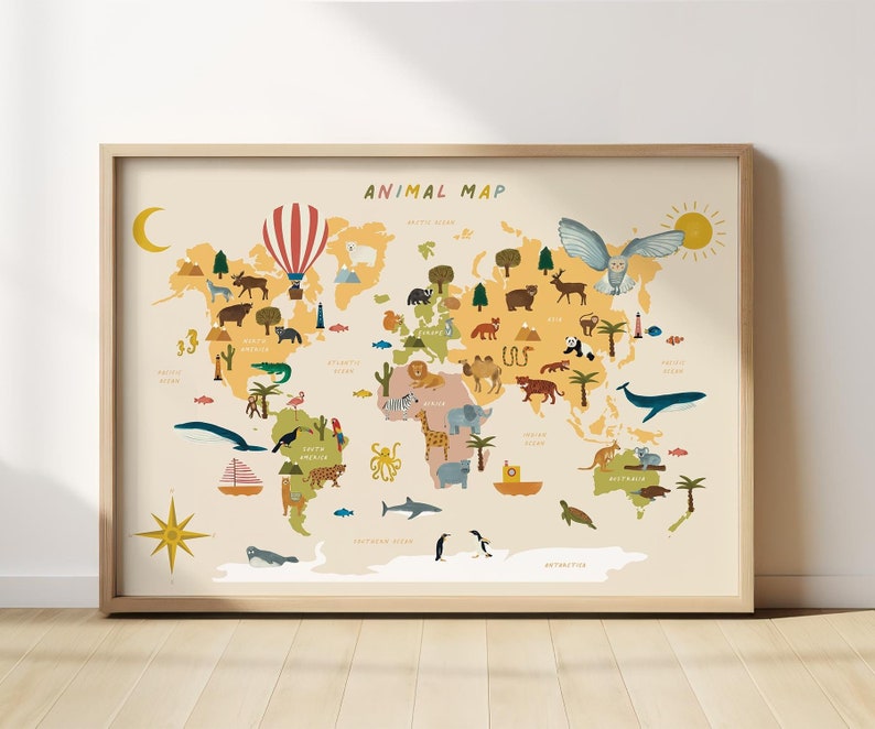 Printable Animal World Map Wall Art, Poster With Continents and Oceans ...