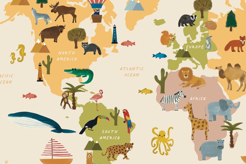 Printable Animal World Map Wall Art, Poster With Continents and Oceans ...