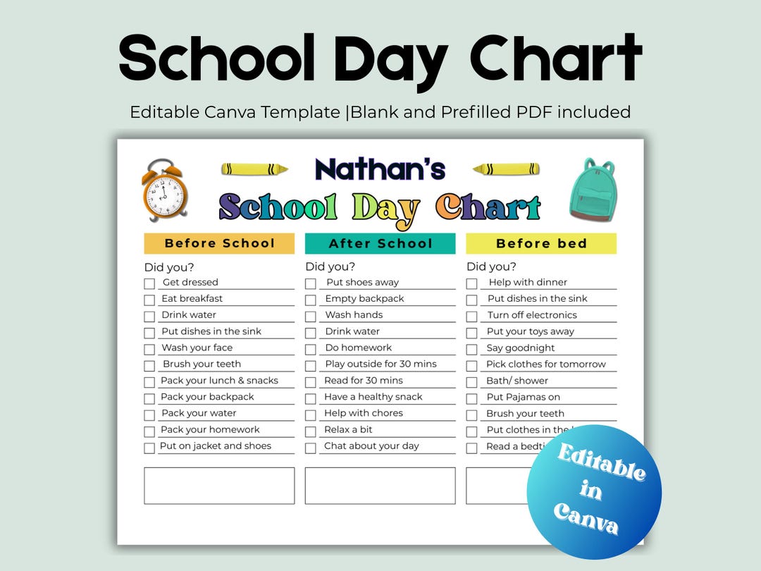Editable School Day Checklist for Kids | Printable Chore Chart | School ...