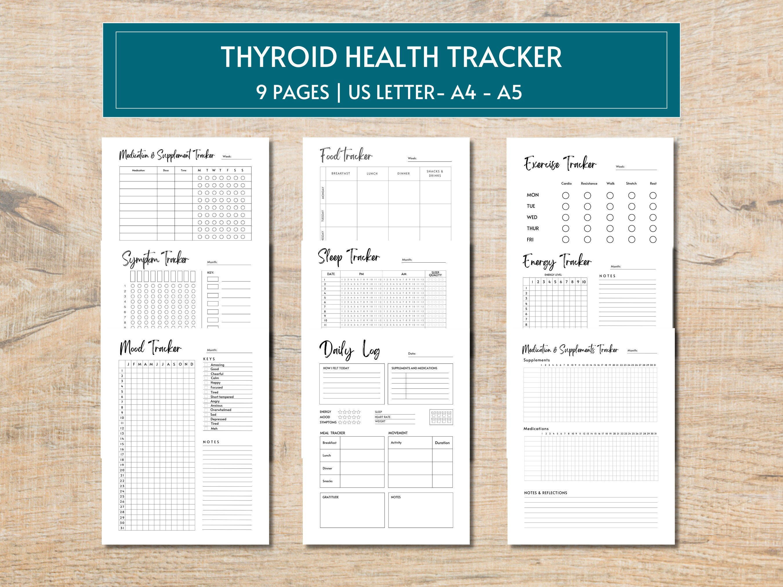 Printable Thyroid Health Tracker Set: Food, Exercise, Symptoms, Mood ...
