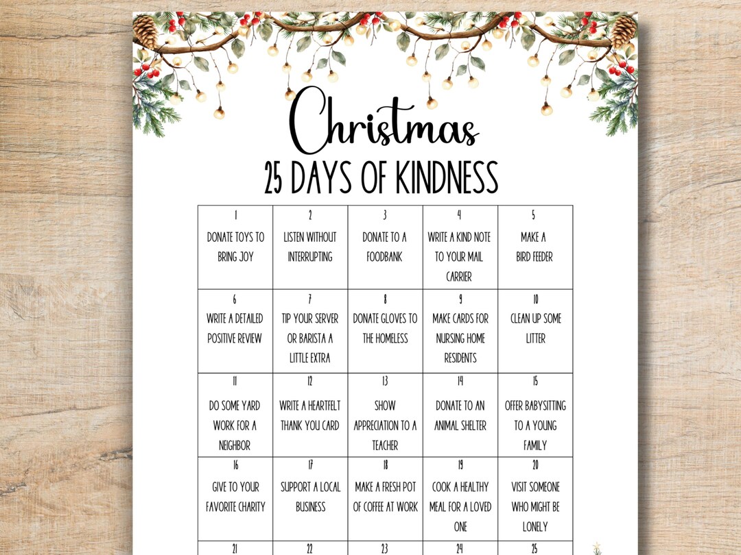 25 Days of Christmas Kindness Advent Calendar | Printable | Watercolor ...