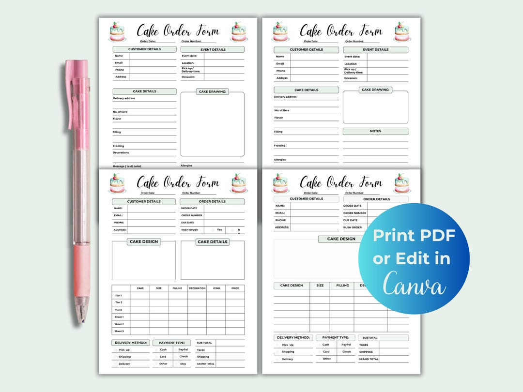 Cake Order Form Set | Printable & Editable Order Forms for Home Bakers ...