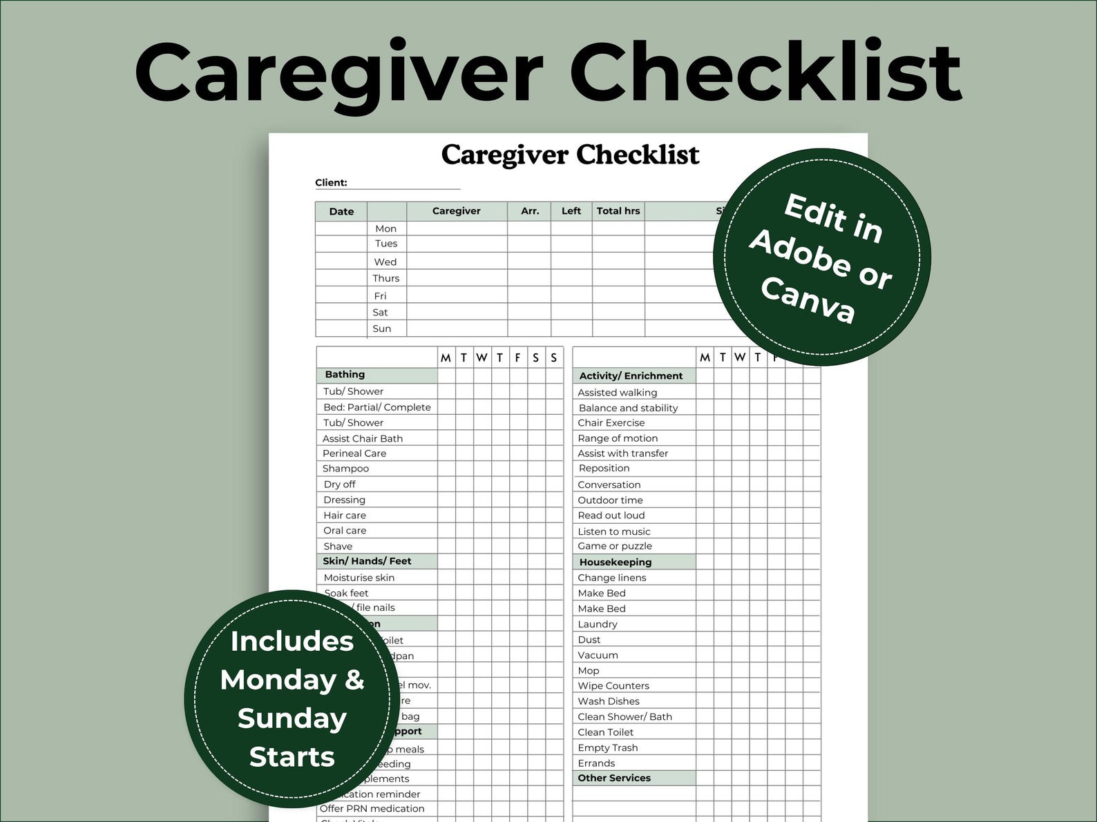 Caregiver Checklist | Home Health Caregiver Activity Report | Elder ...