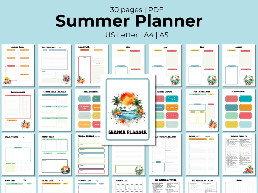 Printable Summer Planner: Kids Activities, Chores, Goals (digital ...