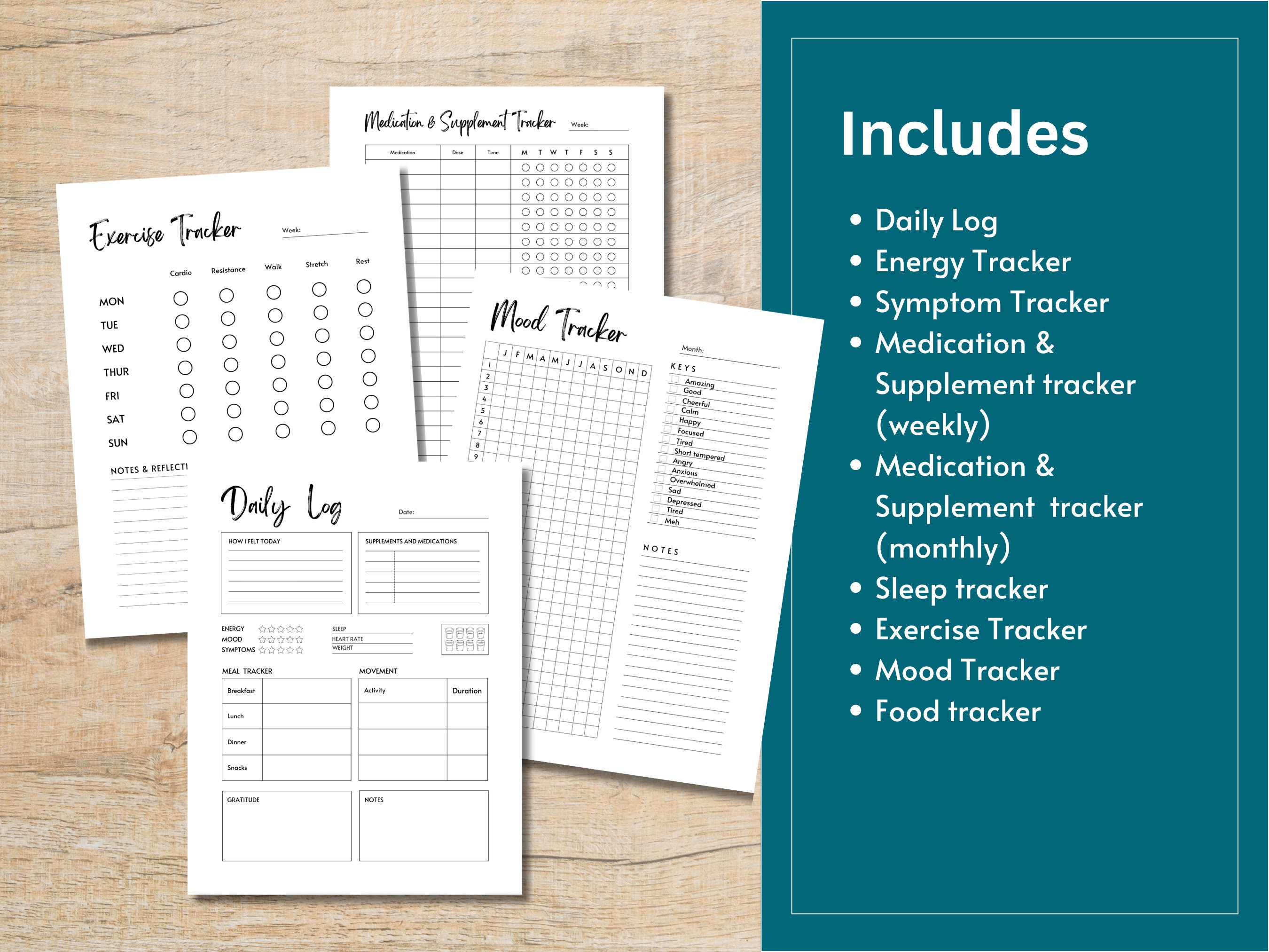 Printable Thyroid Health Tracker Set: Food, Exercise, Symptoms, Mood, Energy, Medications ...