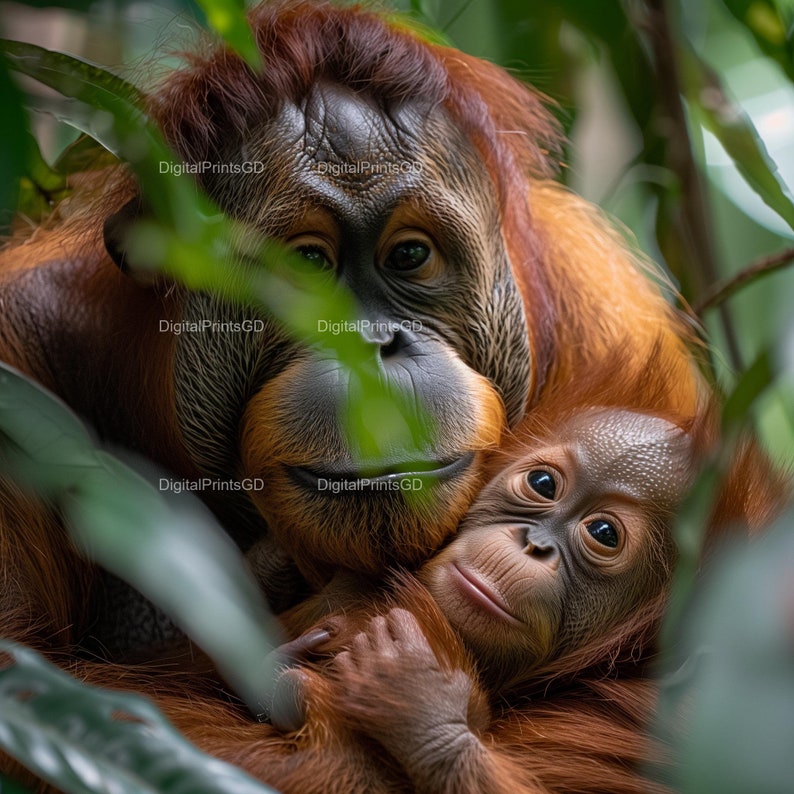 Orangutan Tender Moment, Primate Family Bond, Jungle Orangutan Art ...