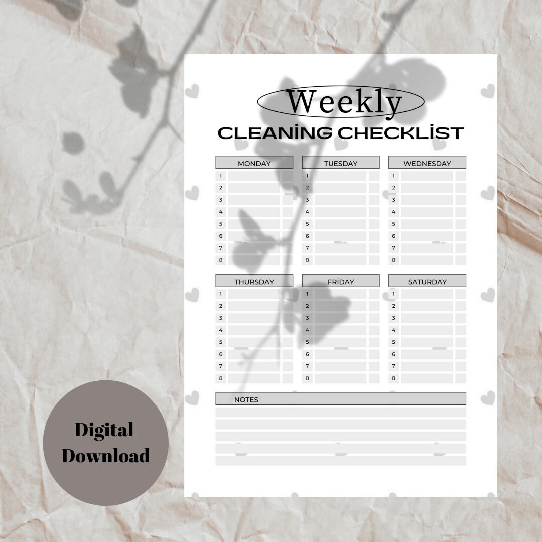 Digital Weekly Cleaning Checklist, Printable Cleaning Checklist ...