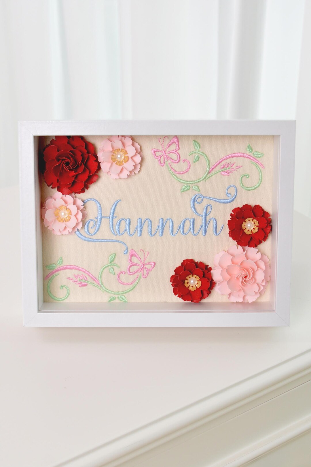 Custom Name Shadow Box, 3d Rose Box, Paper Flower Box, Embroidery Name ...