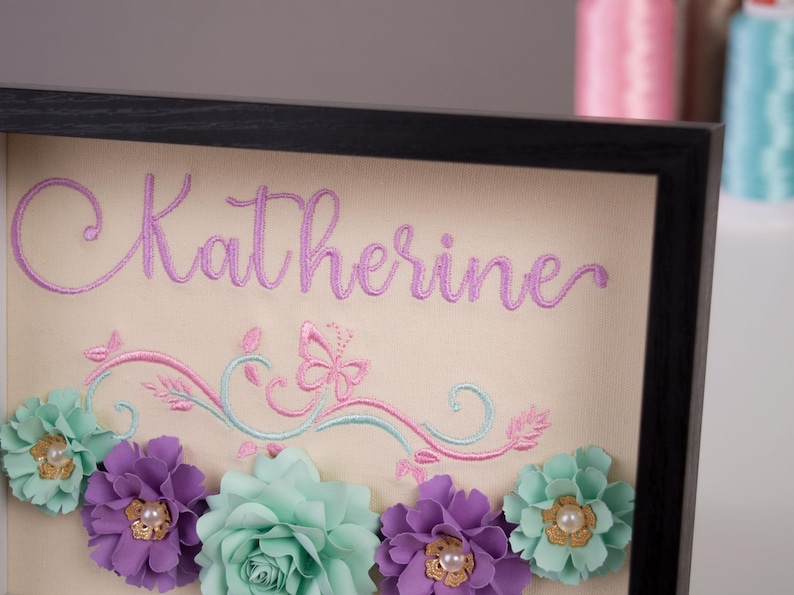 Flower Name Sign, Paper Rose Shadow Box, Embroidery Wall Art, Name Sign ...