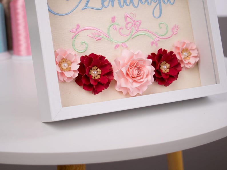 Flower Name Sign, Paper Rose Shadow Box, Embroidery Wall Art, Name Sign ...