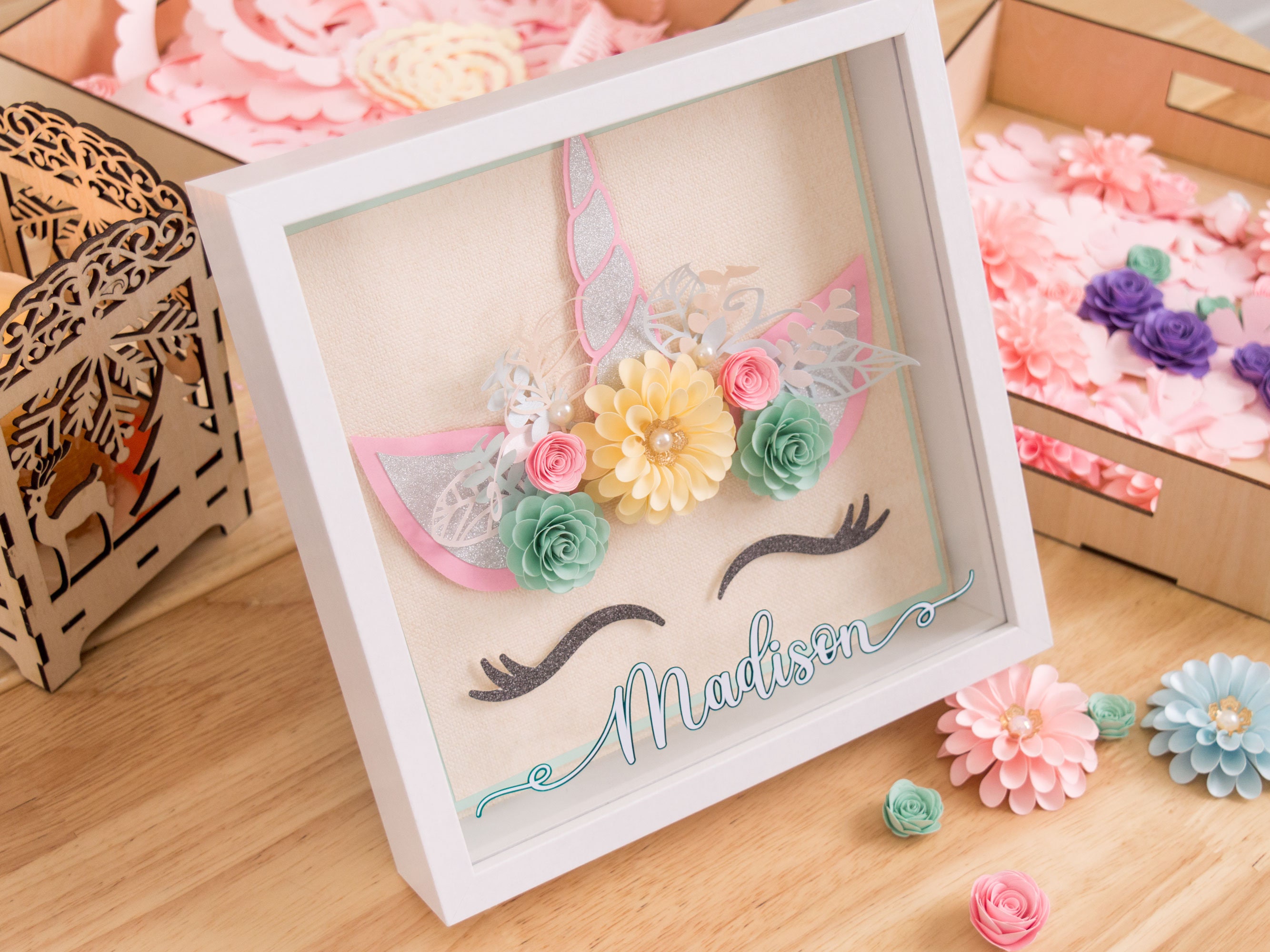 Baby Name Sign Custom Flower Box Unicorn Shadow Box Personalized Baby ...