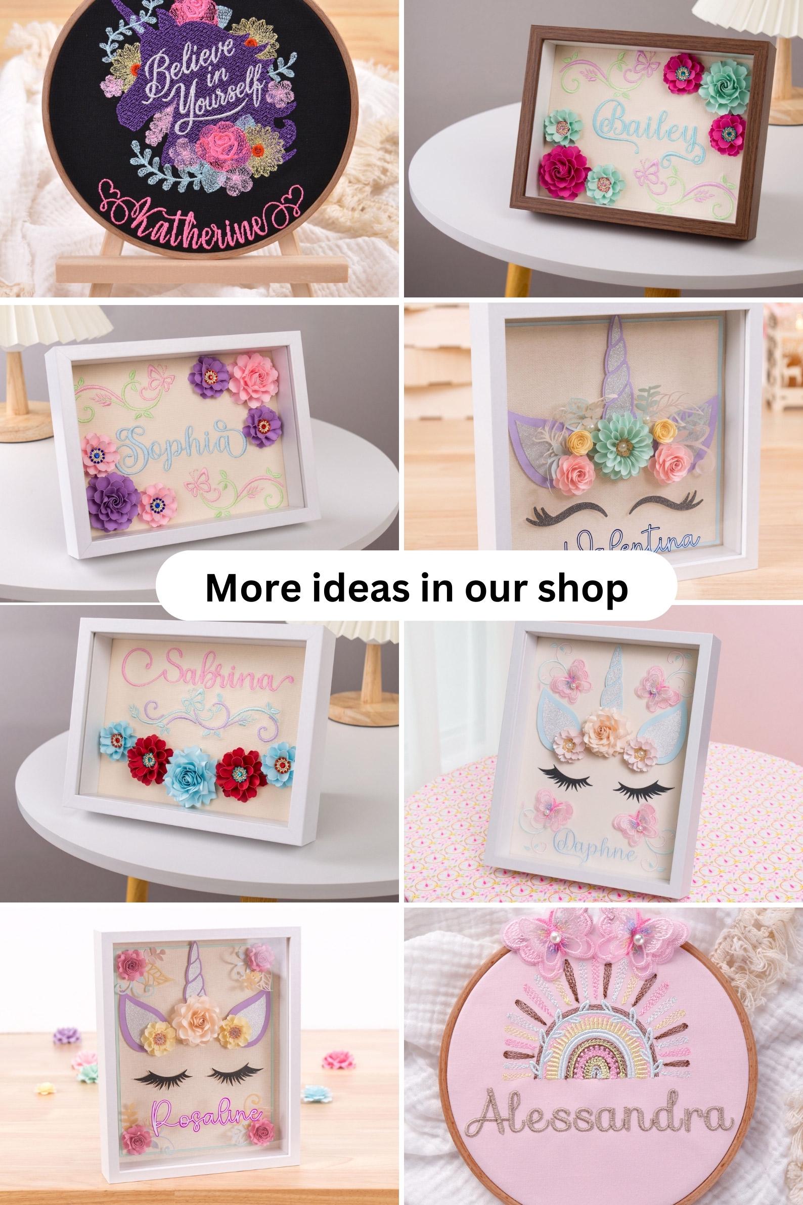 Flower Name Sign, Paper Rose Shadow Box, Embroidery Wall Art, Name Sign ...