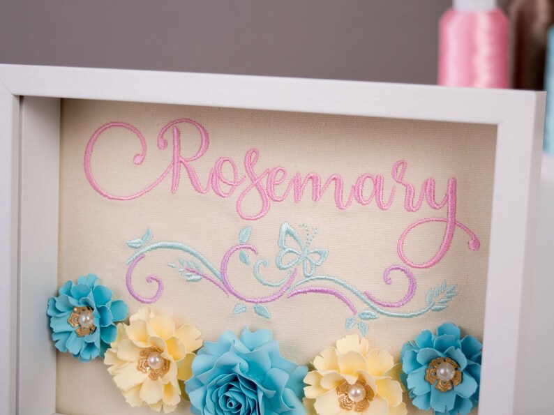 Flower Name Sign, Paper Rose Shadow Box, Embroidery Wall Art, Name Sign ...