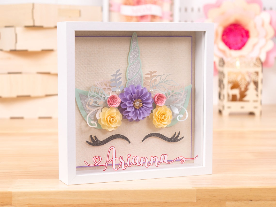 Baby Name Sign Custom Flower Box Unicorn Shadow Box Personalized Baby ...