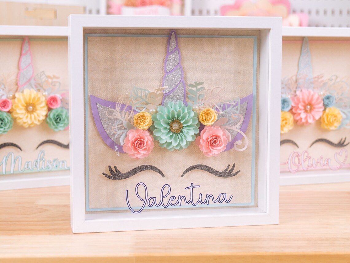 Baby Name Sign Custom Flower Box Unicorn Shadow Box Personalized Baby ...