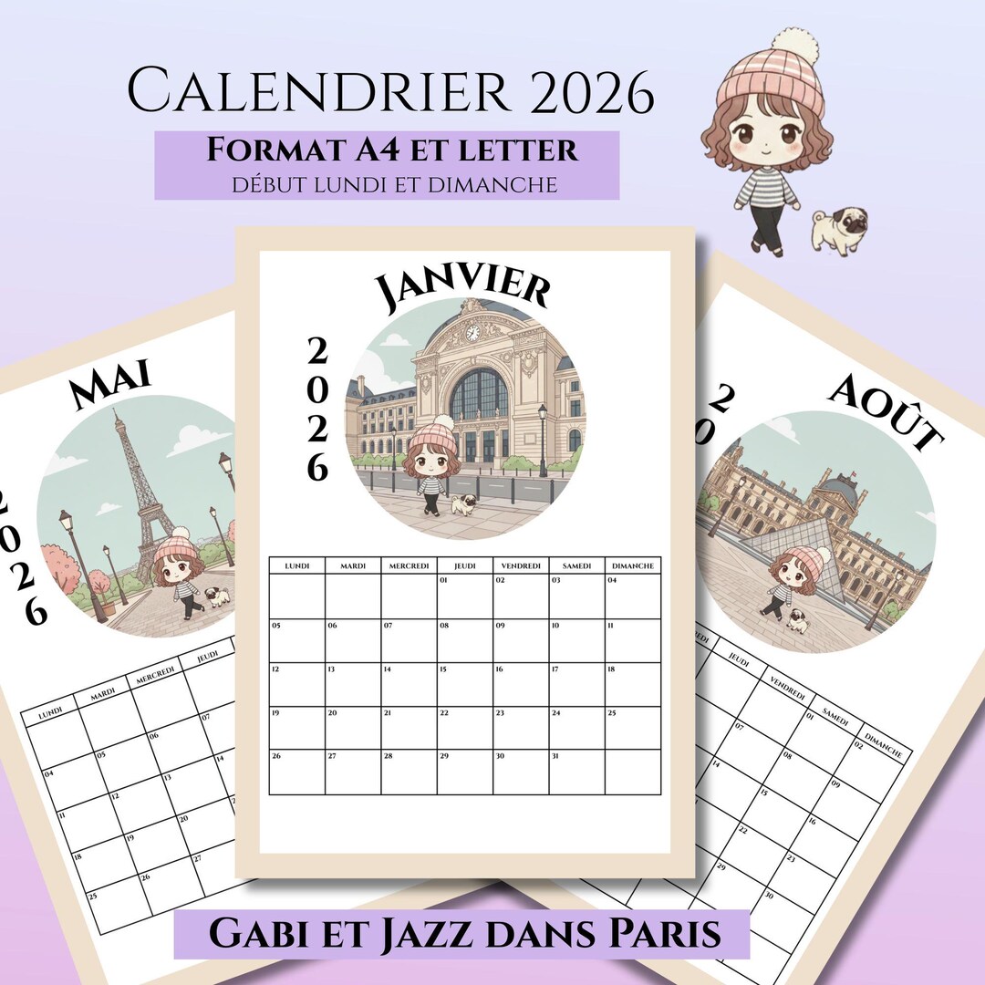 French Calendar 2026, Chibi, PDF, Printable, A4 and Letter Format ...