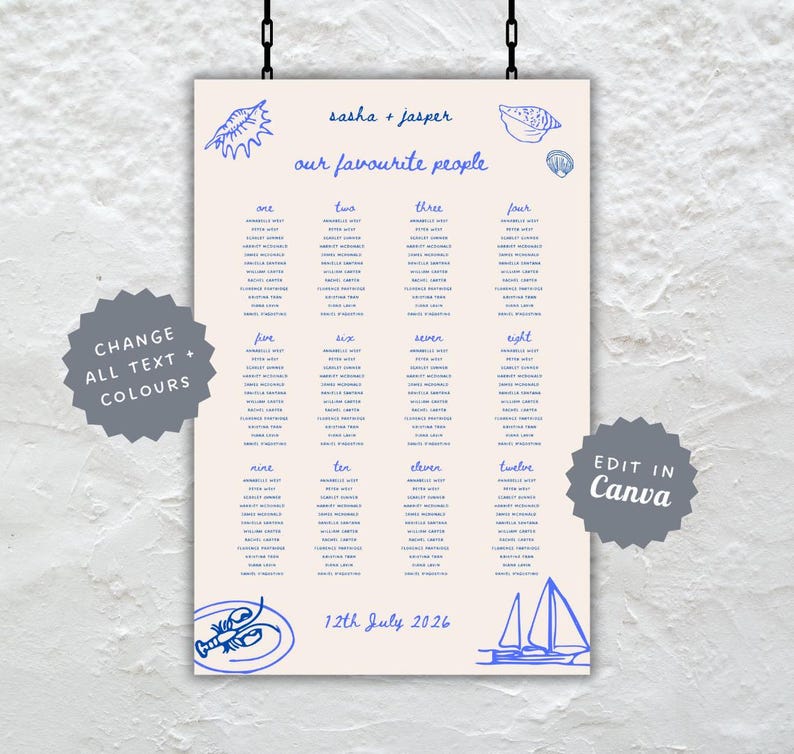 WEDDING SEATING CHART Template Sign Hand Drawn Beach Ocean Sea Seaside ...