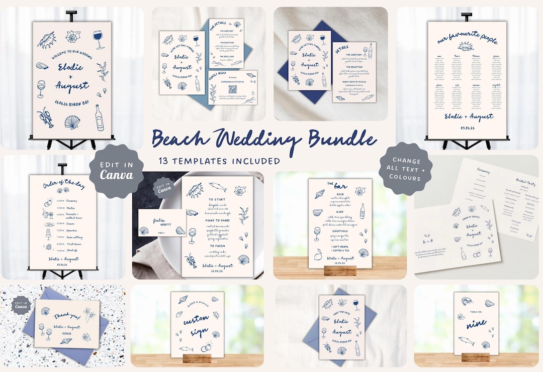 WEDDING TEMPLATE Bundle | Hand Drawn Invite Template Menus Bar Welcome ...
