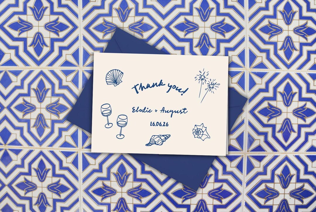 THANK YOU CARD Template | Scribble Drawing Beach Coastal Seaside ...