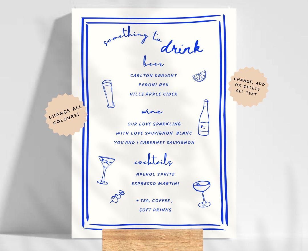 DRINKS BAR SIGN Template | Hand Drawn Border, Wine, Cocktail and Beer ...